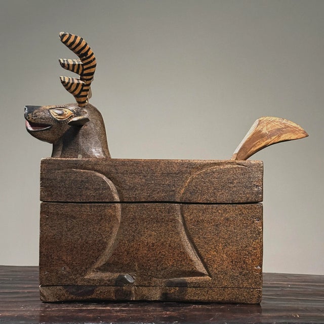 Vintage Hand Carved Polychrome Folk Art Deer Box | Chairish