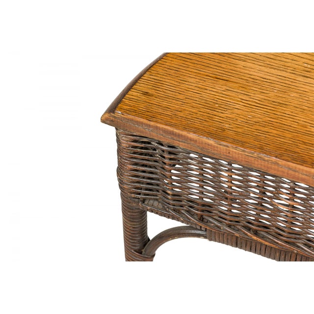 American Victorian Wicker and Oak Topped Demilune 3-Legged Console ...