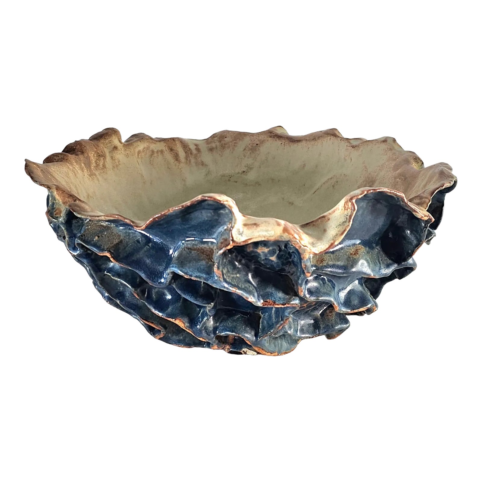 Large Studio Art Pottery Ruffled Sculptural Bowl | Chairish