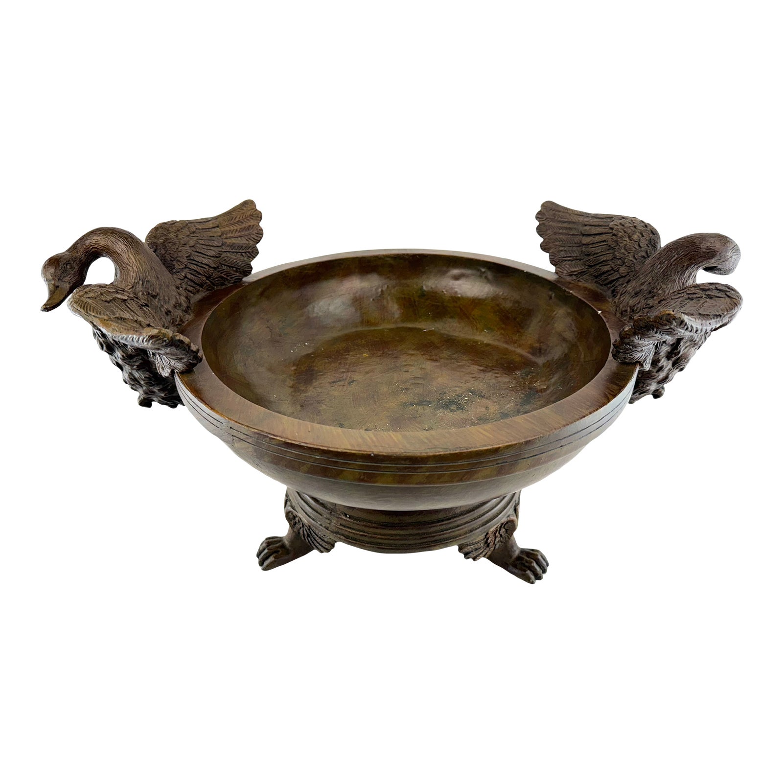 Antique-Style Stetson Wooden Bowl With Carved Swan Handles | Chairish