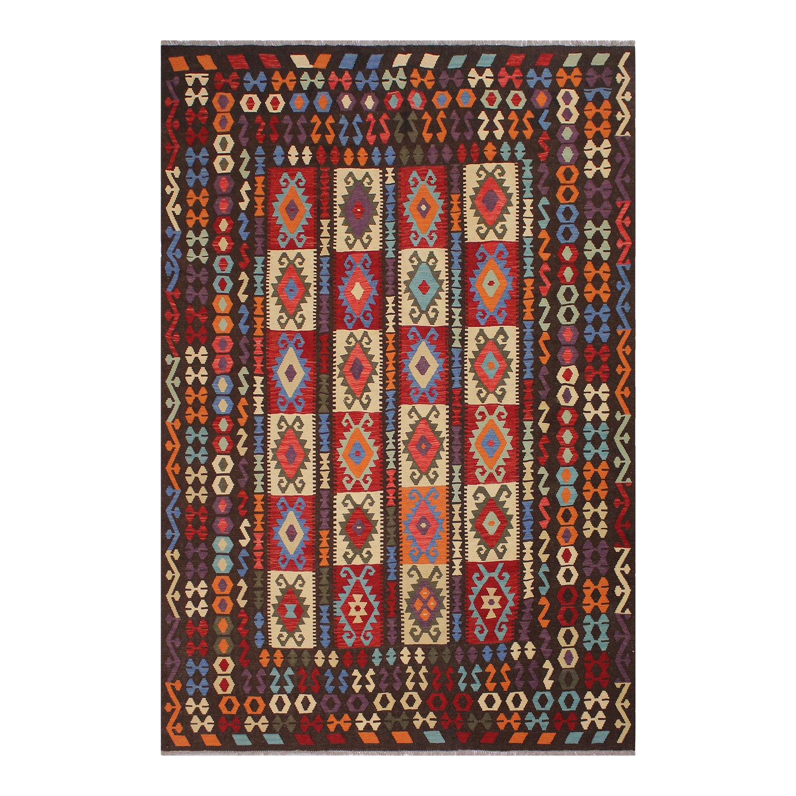 Shabby Chic Kilim Chocolate Rust Wool Rug - 8'5" X 9'11" | Chairish