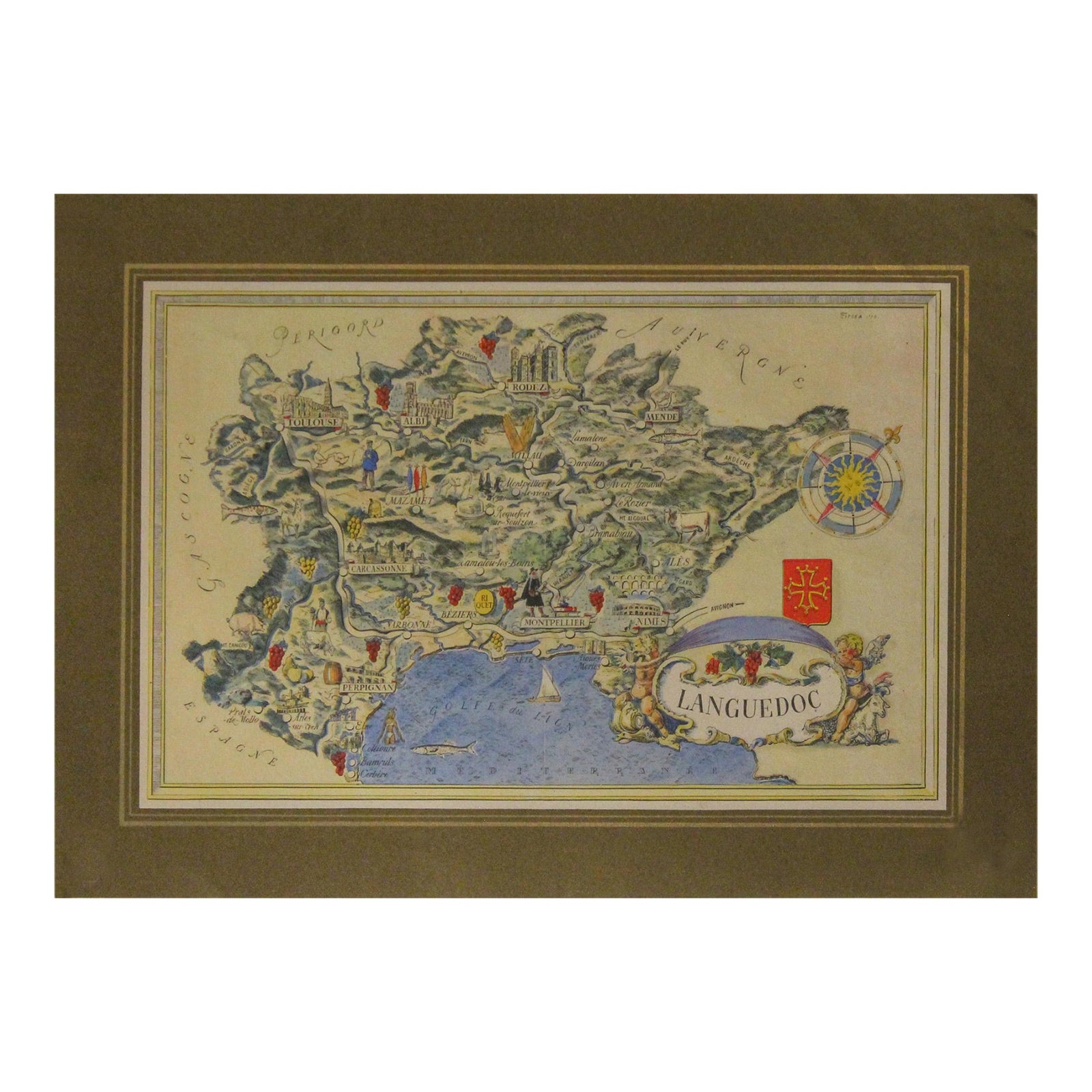 1960's French Vintage Mini Map, Languedoc | Chairish