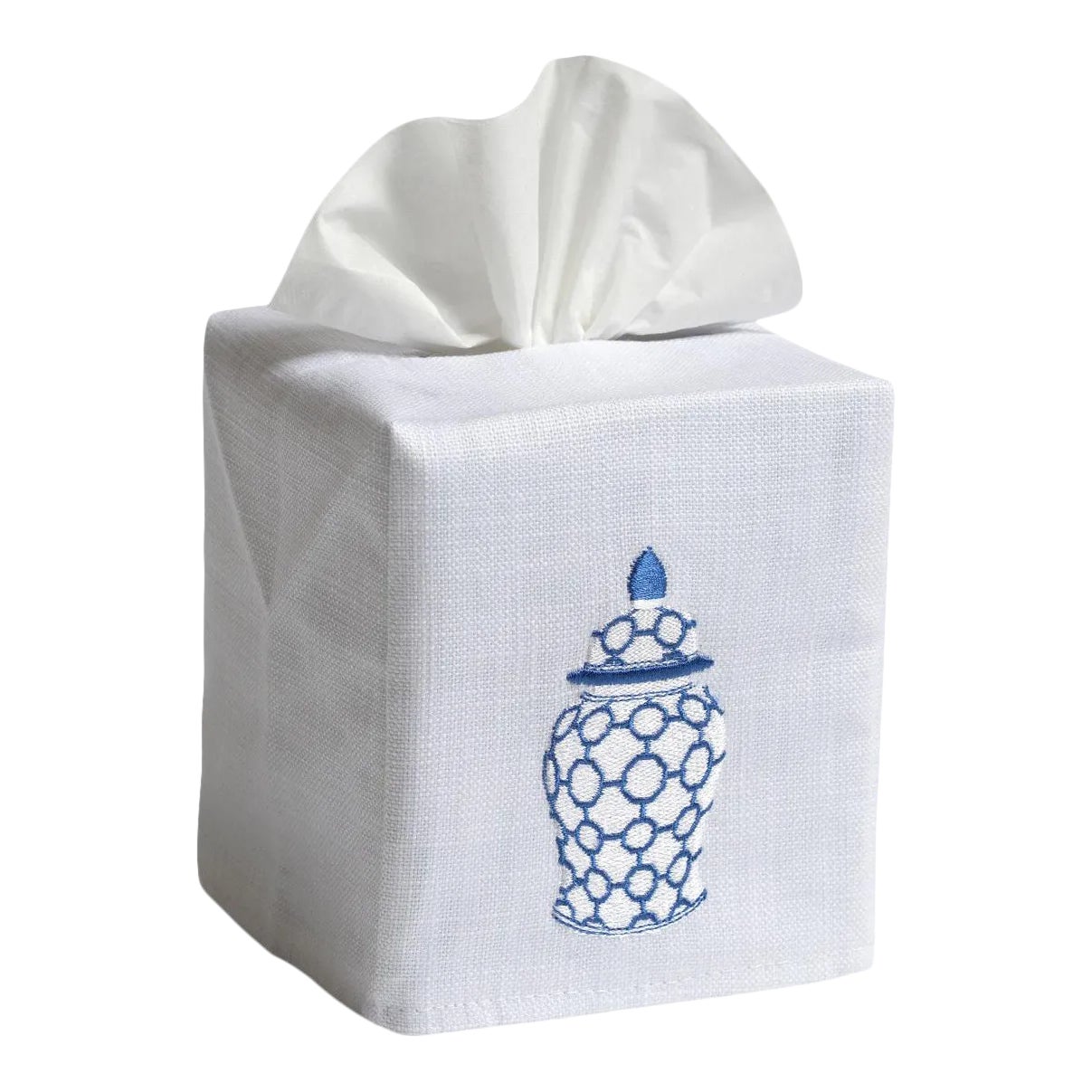 Blue Ginger Jar Chain-Links Tissue Box Cover in White Linen & Cotton ...