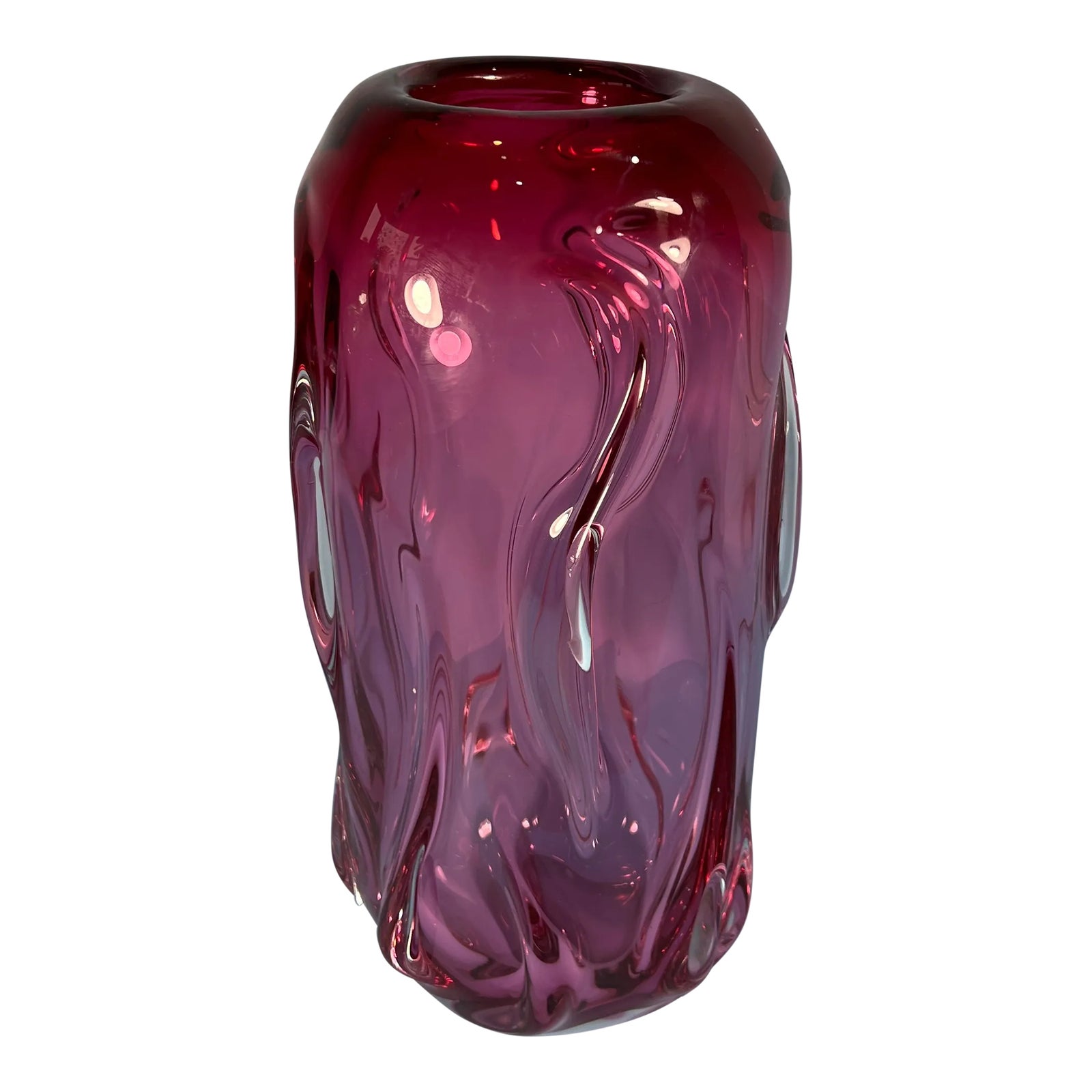 Pink Art Glass Vase With Textured Swirls | Chairish