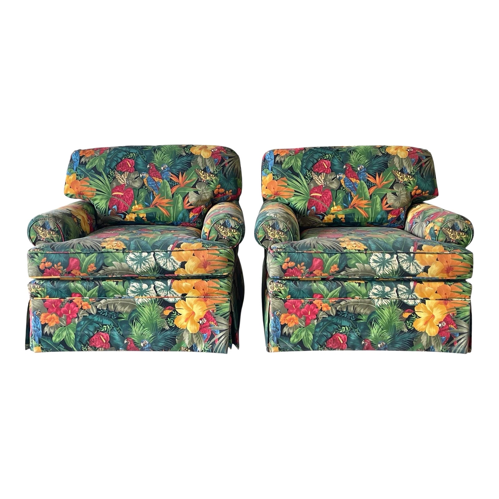 80s Tropical Floral Skirted Lounge Chairs With Parrot Motif Upholstery ...