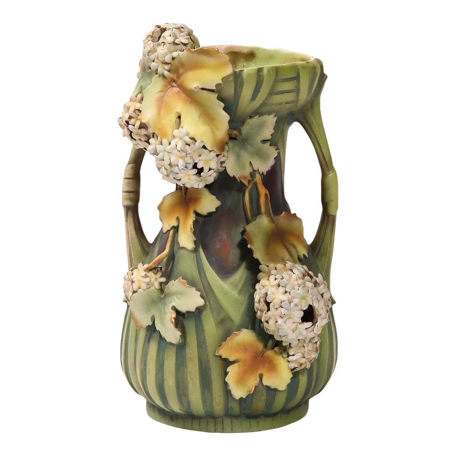 1900s Porcelain Double Handled Hydrangea Motif Antique Vase, Signed by ...