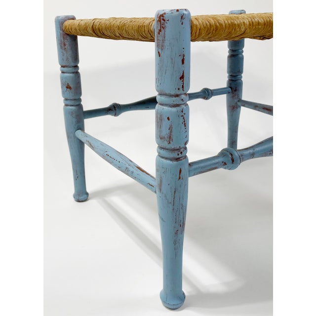 Antique French Blue Turned Wood Stool With Woven Rush Seat | Chairish
