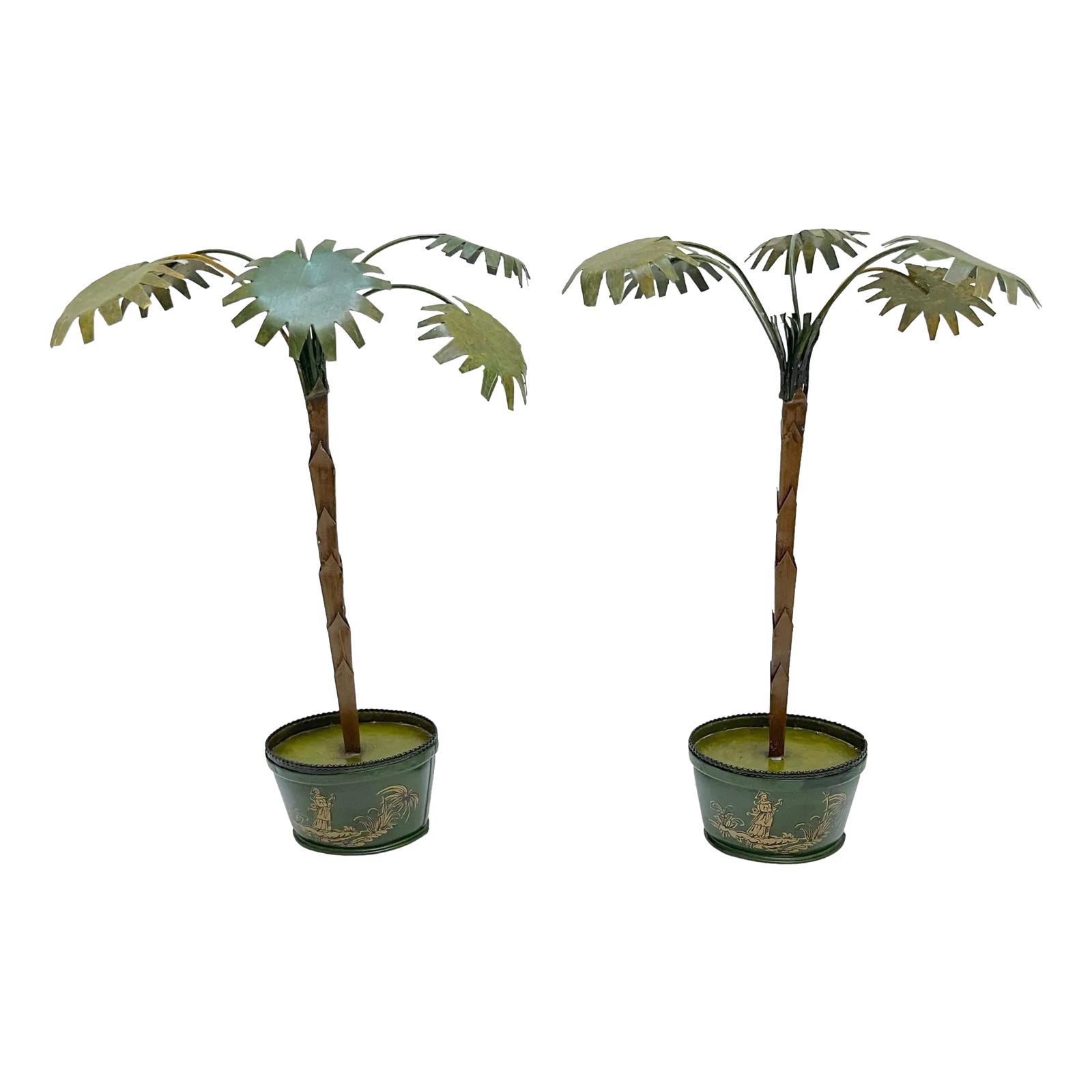 Exotic Italian Chinoiserie Gilt Tole Cachepots with Palm Trees - a Pair ...