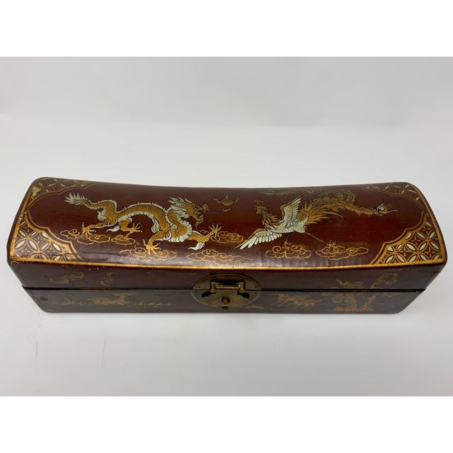 Antique Chinese Hand-Painted Leather Covered Pillow Box | Chairish