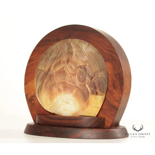 Tahitian Tiki Carved Shell and Teak Wood Lamp | Chairish