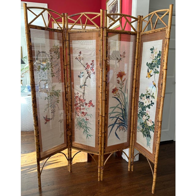 Hand Painted 4 Panel Burnt Rattan Chinese Folding Screen - Petite Scale ...