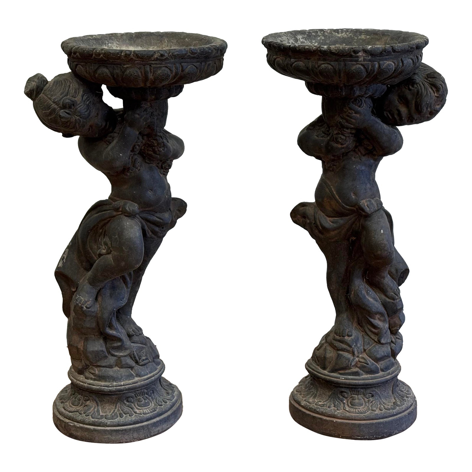 Vintage Cast Stone Boy and Girl Garden Planters, a Pair | Chairish