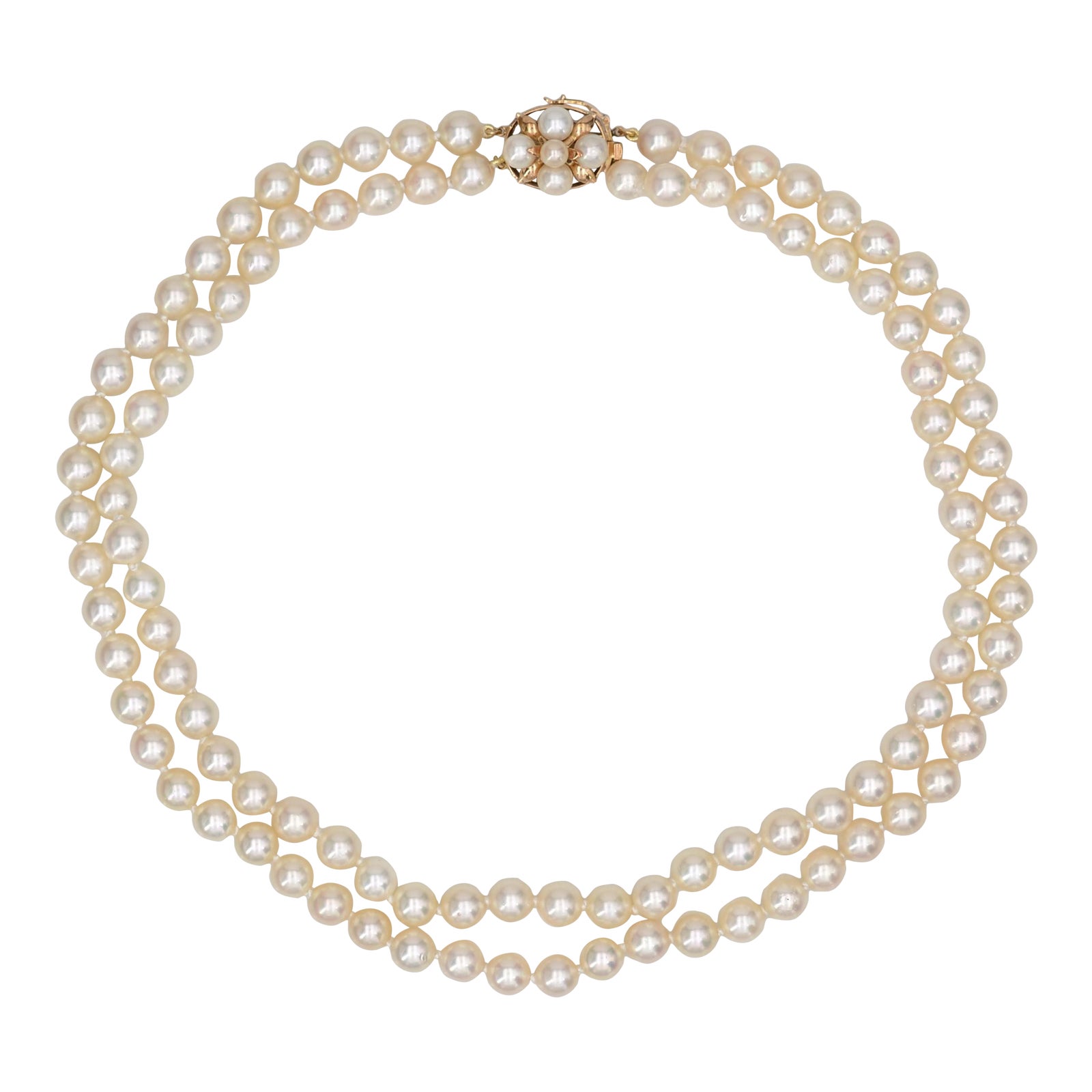 1960s Cultured Pearl Yellow Gold Double Row Necklace | Chairish