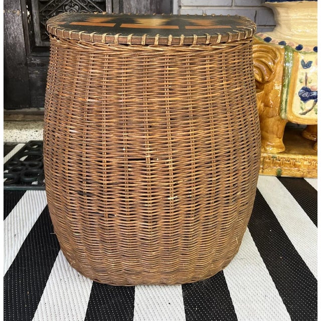 Vintage Rustic Wicker Hamper Basket With Hand Painted Forest Theme Lid ...