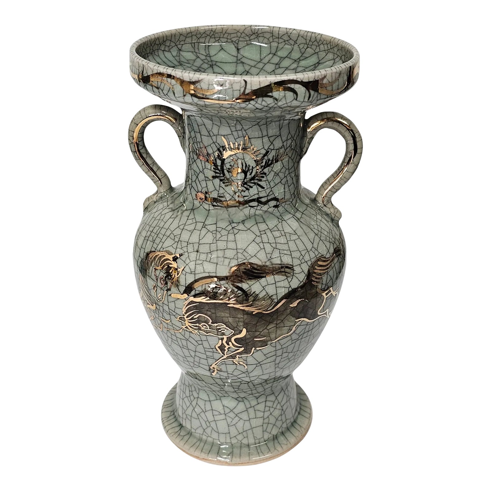 Japanese Soma Ware Green Crackle Vase 9.75" | Chairish