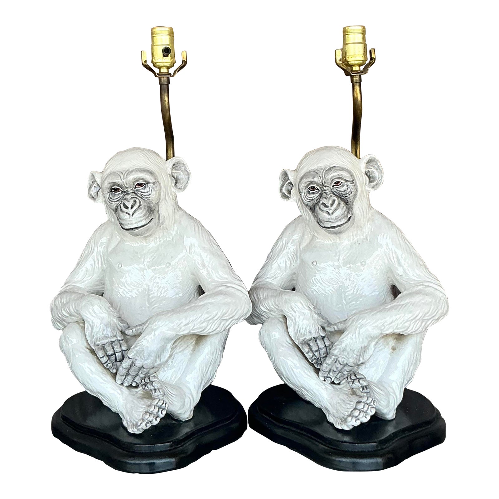 Vintage Boho Italian Glazed Ceramic Monkey Lamps - A Pair | Chairish