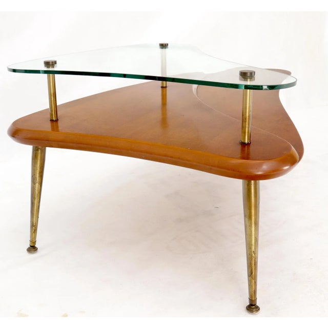 Organic Kidney Comma Shape Two-Tier Glass Top Brass Leg Walnut Coffee ...