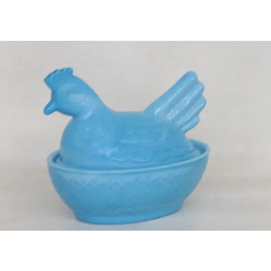 Heisey Blue Slag Glass Chicken Hen on Nest Small Covered Dish | Chairish
