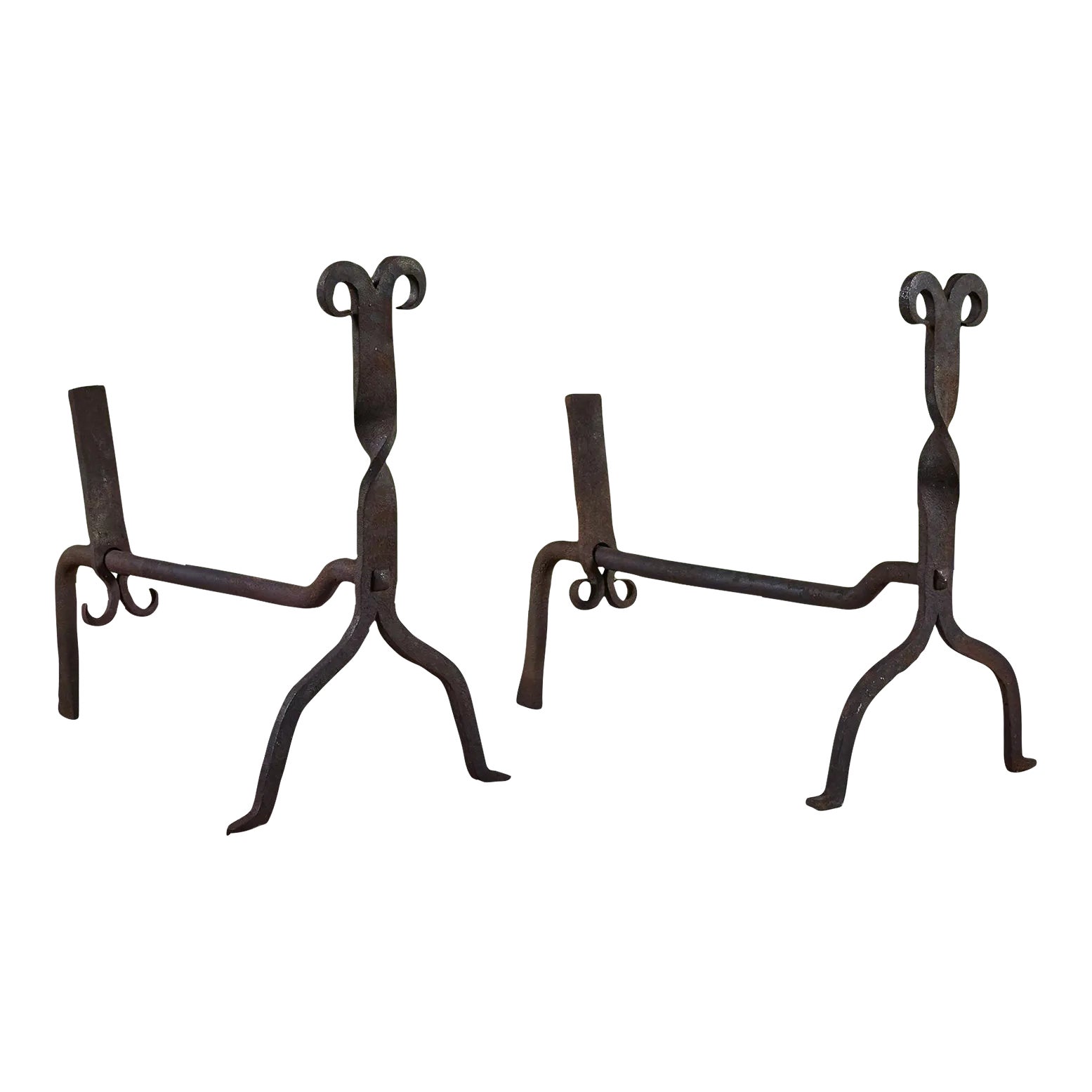 Pair of Large Cast Iron Arts and Crafts Andirons | Chairish