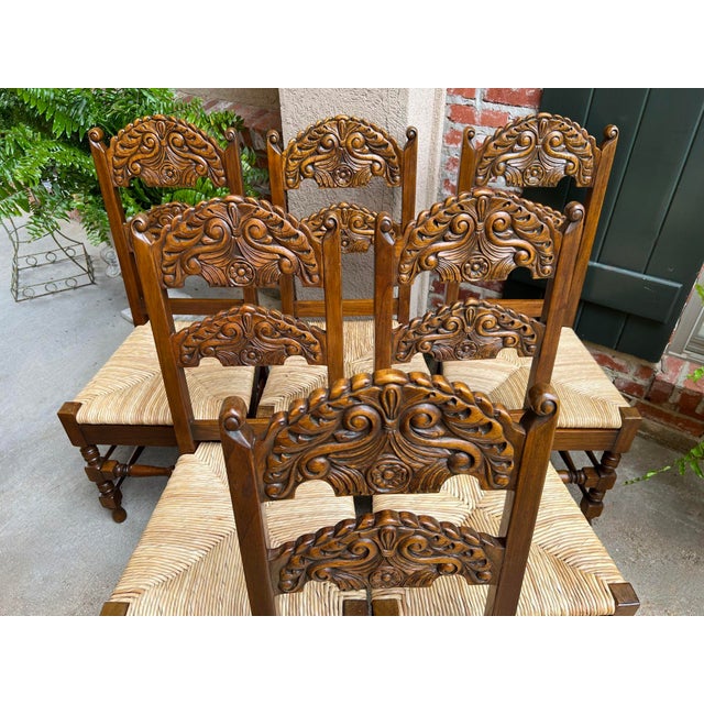 Set 6 Vintage English Dining Side Chairs Carved Oak Rush Seat Yorkshire ...