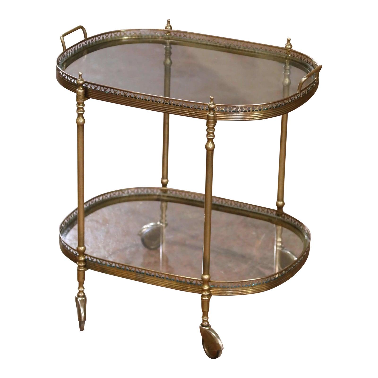 Mid-Century French Gilt Brass Oval Two-Tier Service Trolley Bar Cart on ...