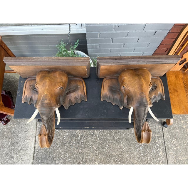 1990s Carved Wooden Elephant Wall Shelves- Set of 2 | Chairish