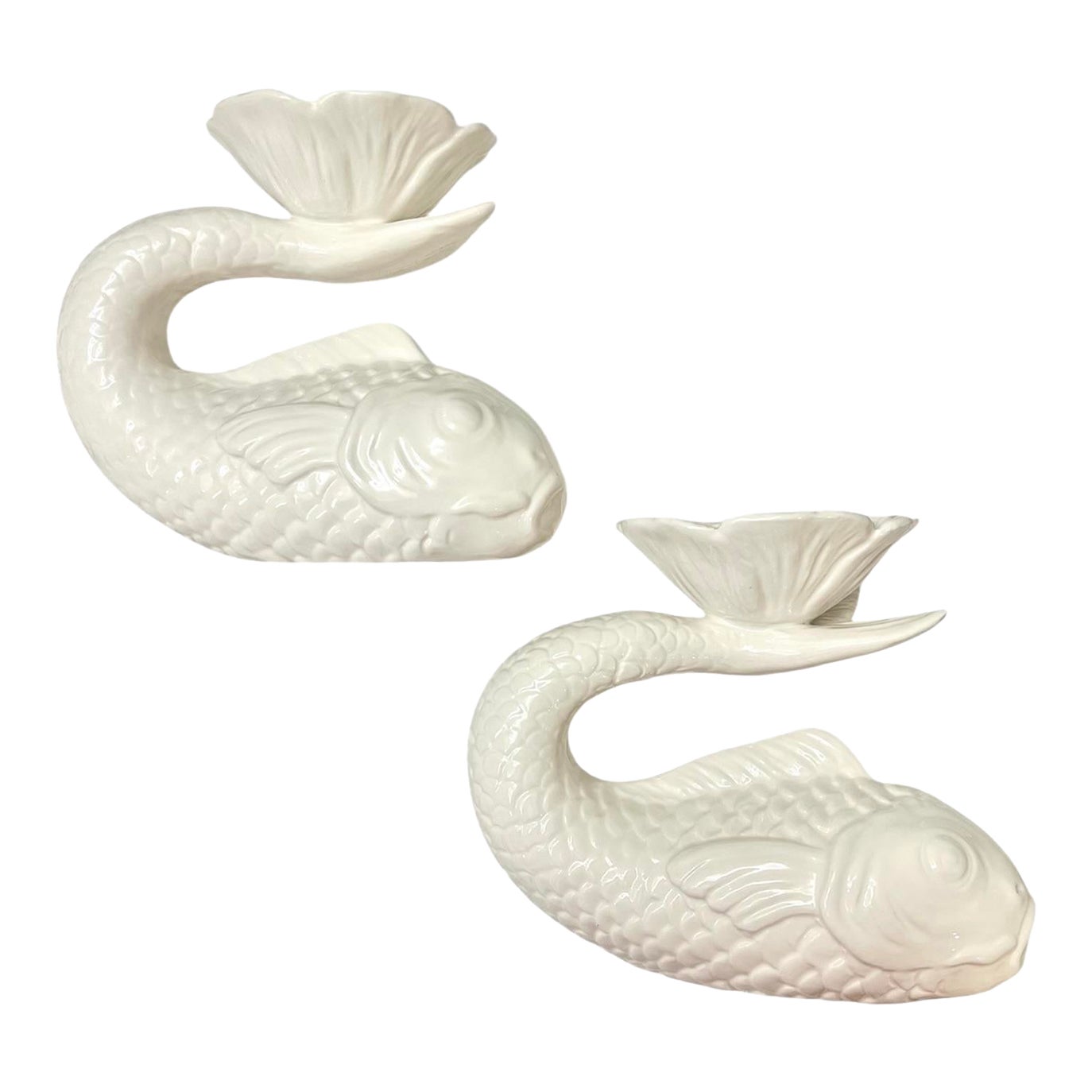 Pair of 1970s Hollywood Regency Italian Ceramic Koi Fish Candle Holders ...