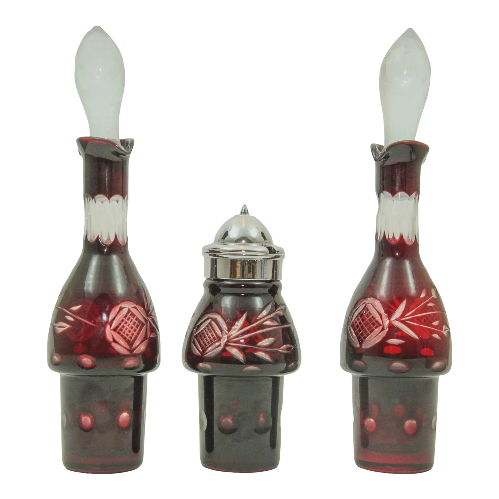 Bohemian Hand Cut Ruby Red Cut Crystal Condiment Cruet Set | Chairish