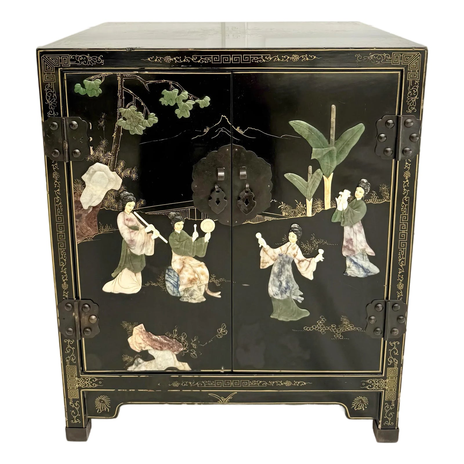 Vintage Chinese Black Lacquer Cabinet With Applied Carved Stone Scenes ...