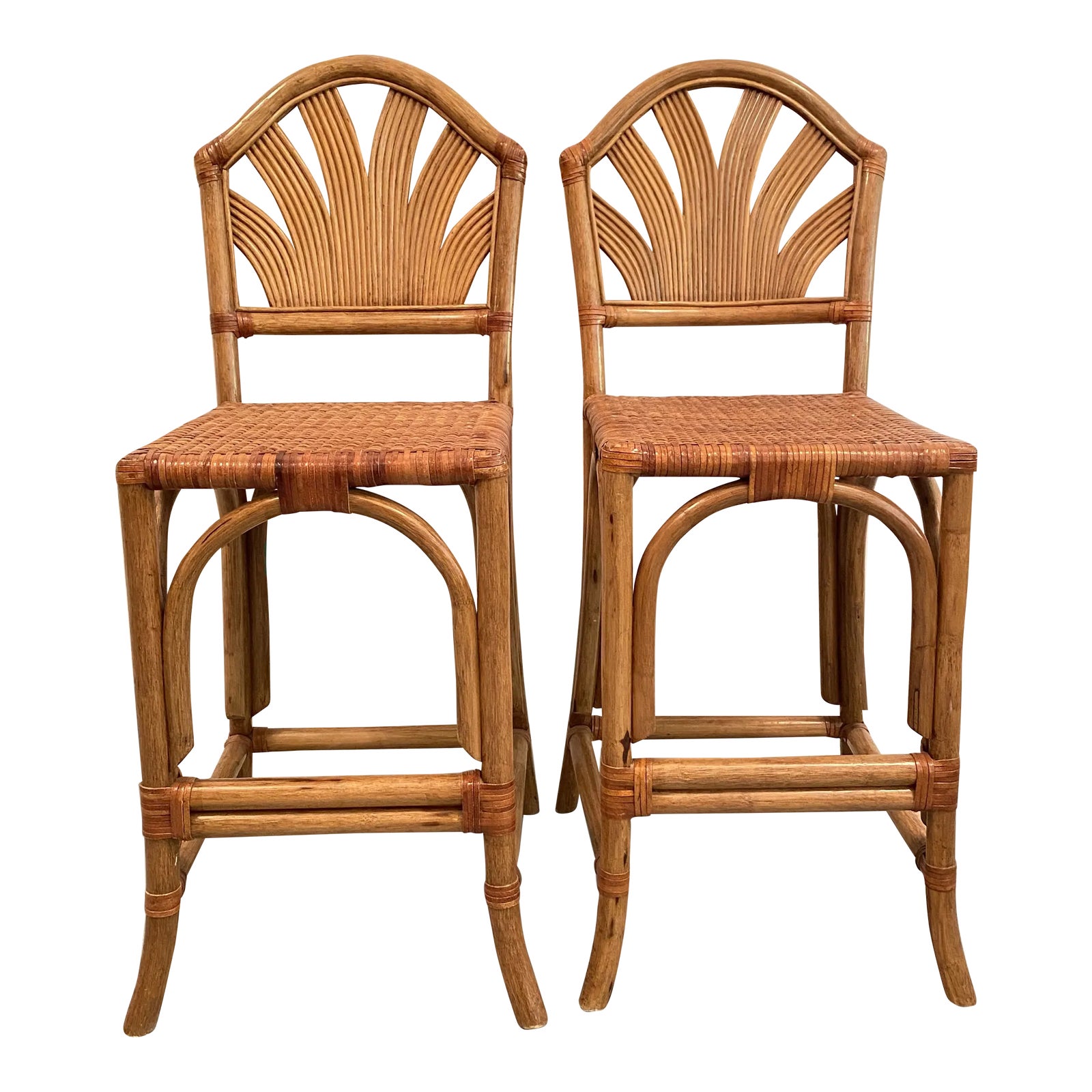 Mid 20th Century Leather Weaved Seat Rattan High Chairs, Set of 2 ...