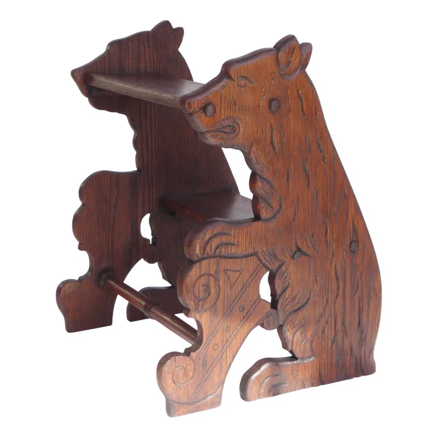 Victorian Carved Wood Library Stairs with Bear Figure, 1900s | Chairish