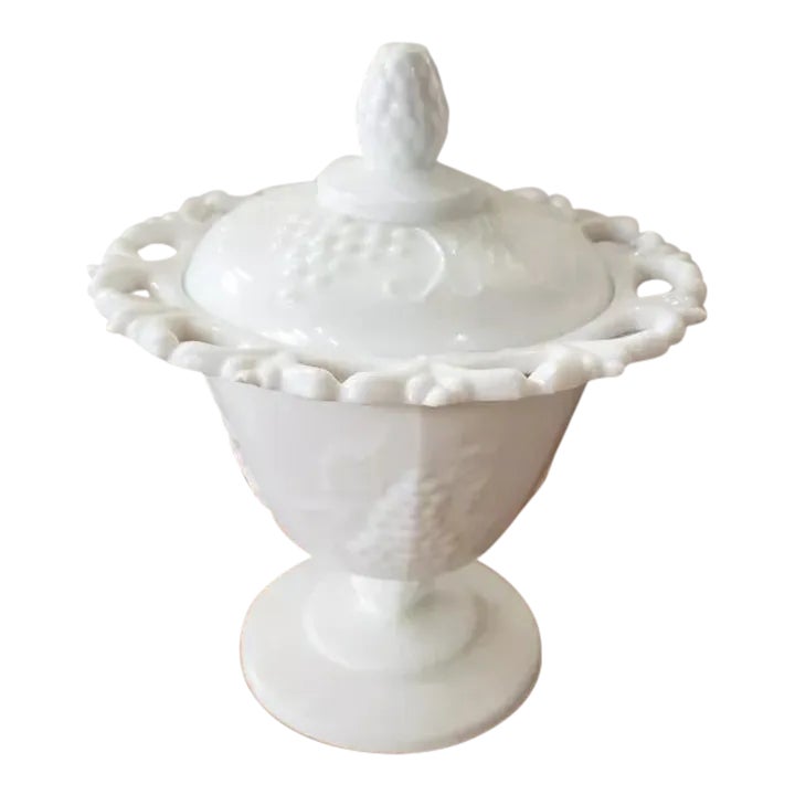 Vintage Indiana Glass Open Lace Milk Glass Grape Pattern Footed Compote ...