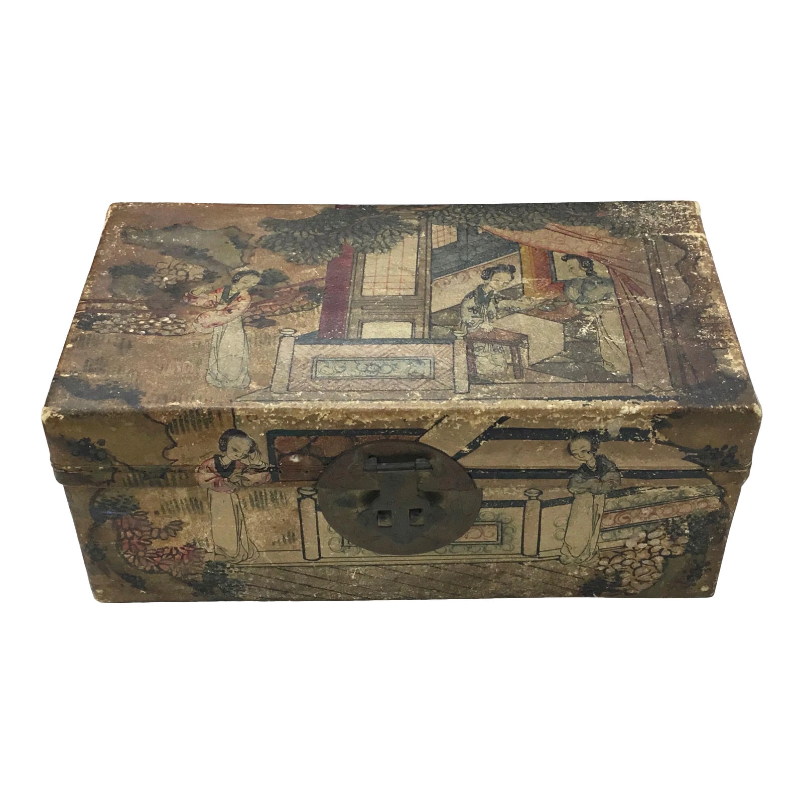 19th Century Asian Hand Painted Hide Box | Chairish