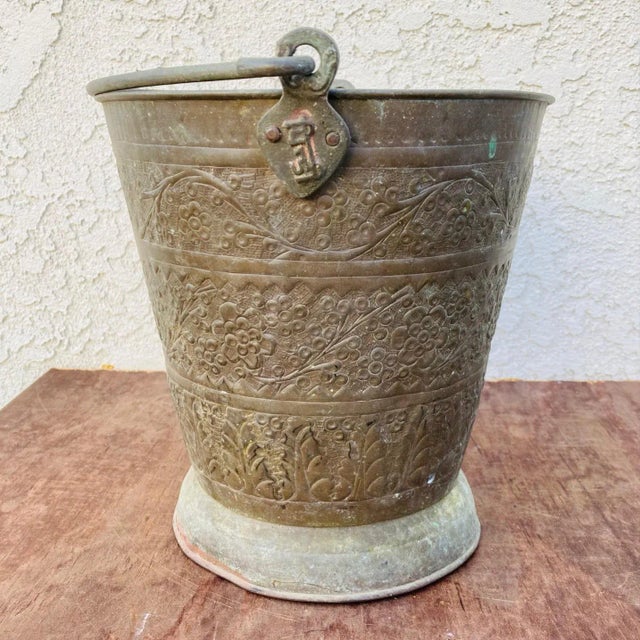 Early 1900s Asian Indian Antique Hammered Brass Bucket | Chairish