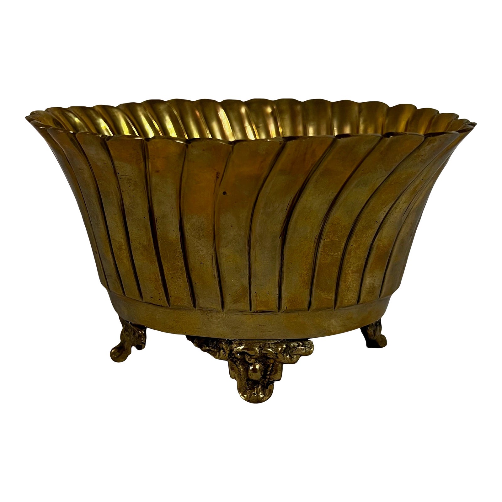 Small Vintage Solid Brass Oval Footed Cachepot With Fluted Edge | Chairish