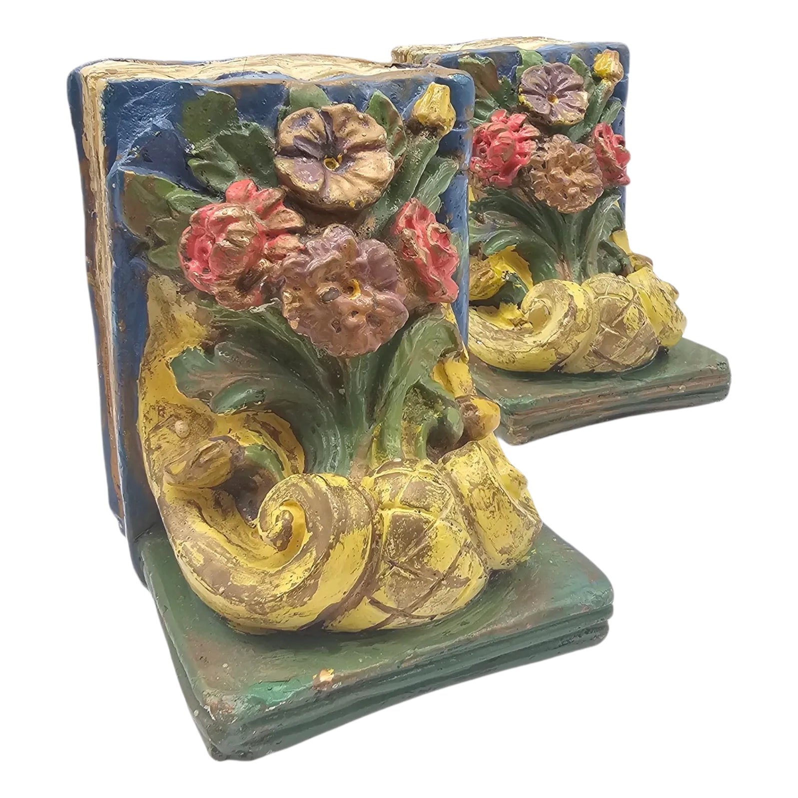 Hand-Painted Baroque Chalkware Floral Bookends With Scrollwork – Set of Two | Chairish