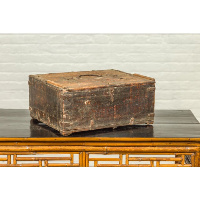 Indian Antique Wooden Dowry Box with Geometric Motifs and Weathered ...