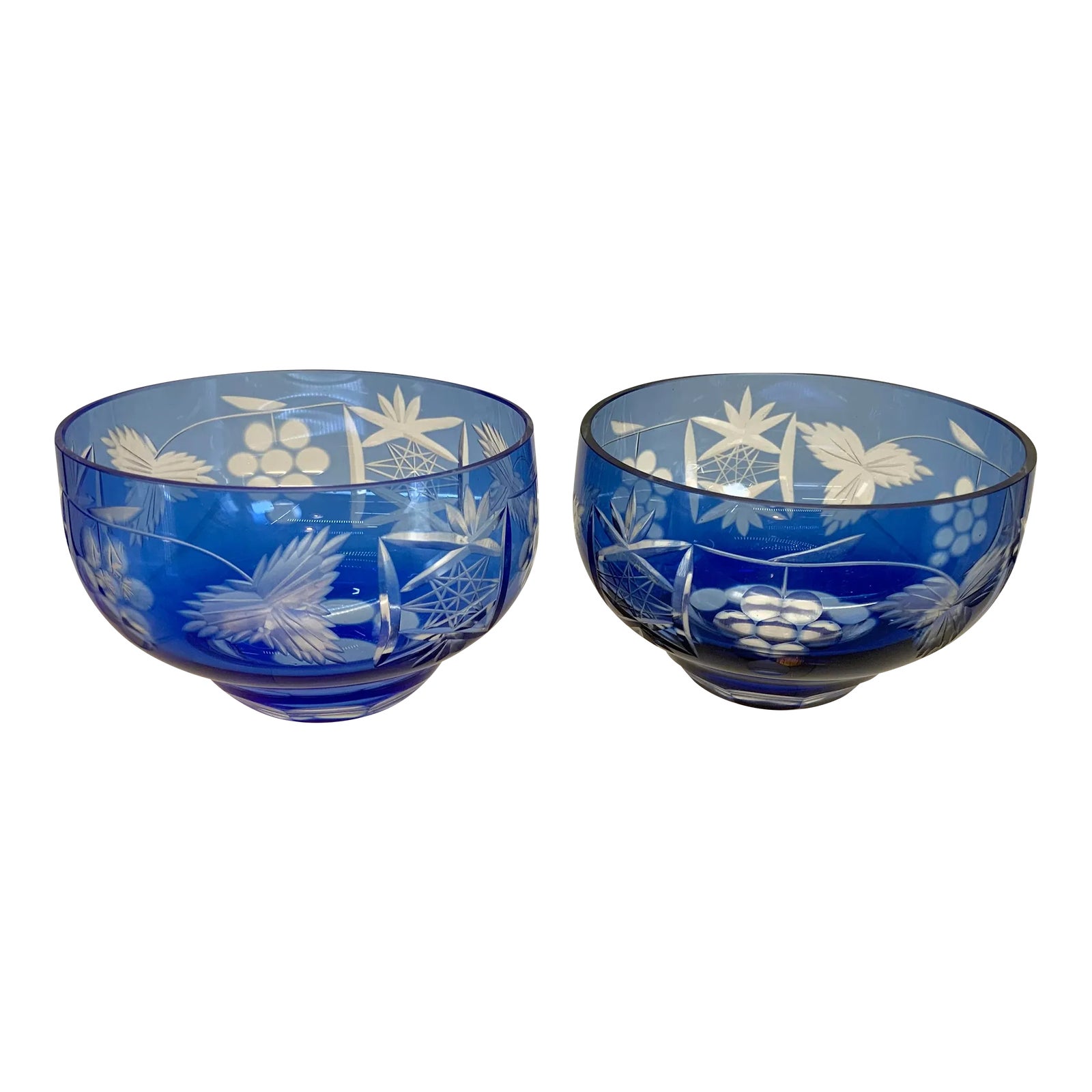 Pair of Vintage Bohemian Blue Cut Glass Bowls | Chairish