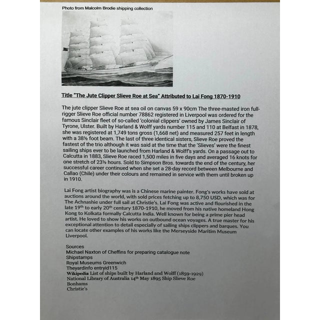 Large 19th Century Oil Painting Seascape Clipper Jute Ship Slieve Roe ...