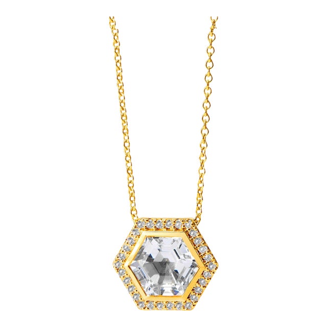 Syna Yellow Gold Rock Crystal Hex Necklace with Diamonds | Chairish