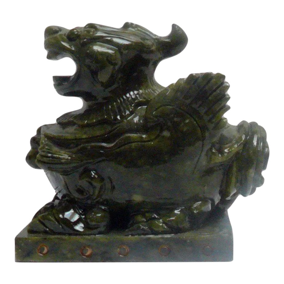 Hand Carved Chinese Green Stone Pixiu Fengshui Figure Size N329E | Chairish