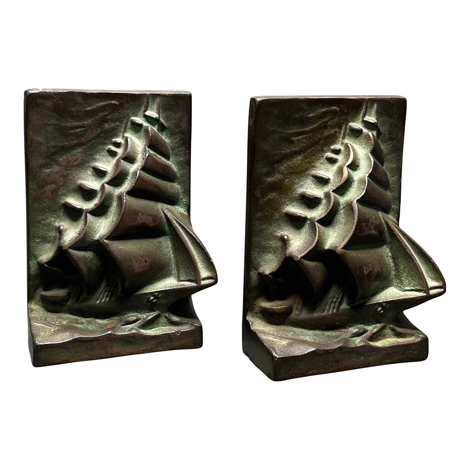 Vintage Circa 1930's Americana Patinated Bronze Sailing Ship Bookends ...