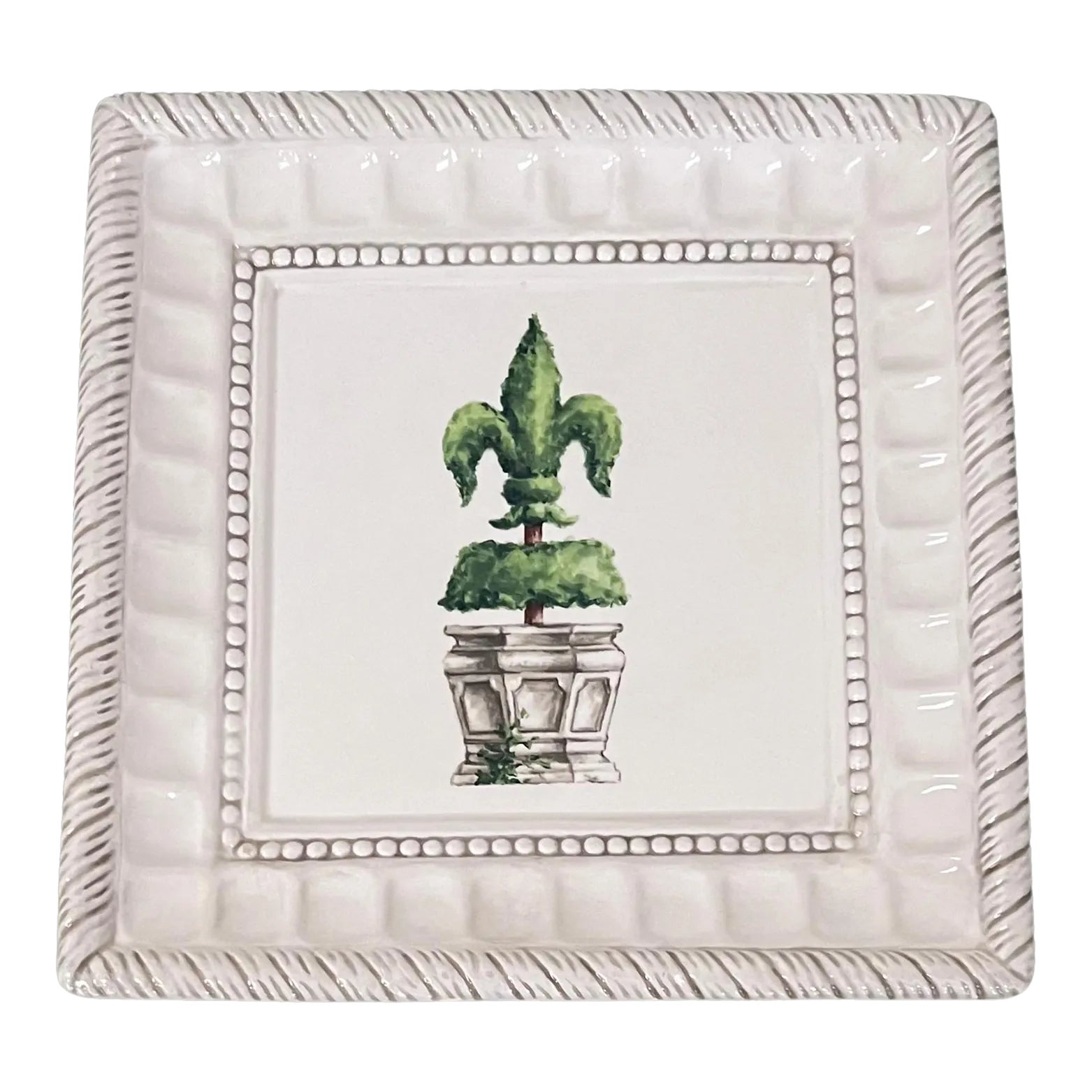 Vintage Square Decorative Plate With Hand-Painted Topiary | Chairish