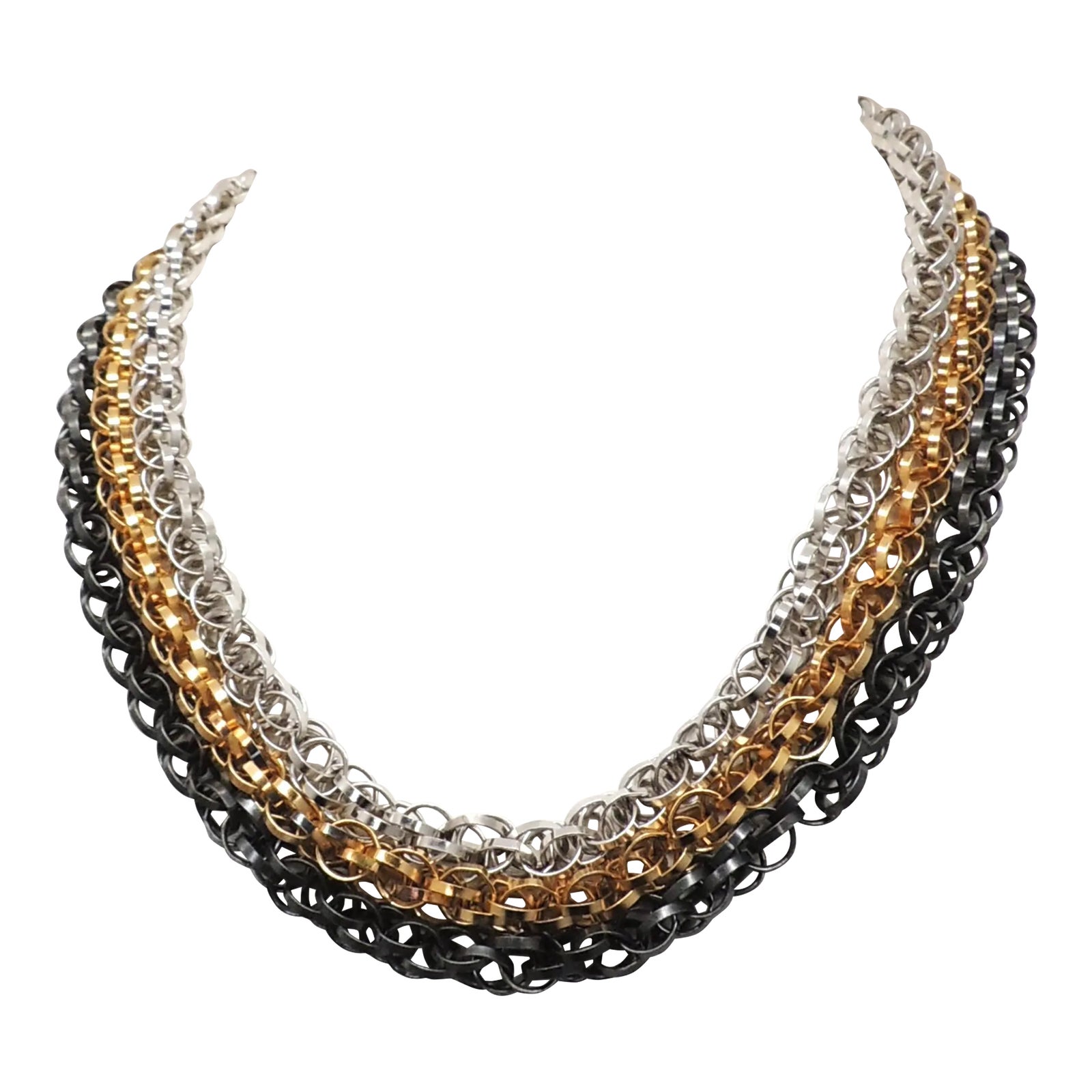 Vintage 1967 Signed Napier Book Piece Tri-Tone 3 Chain Necklace | Chairish