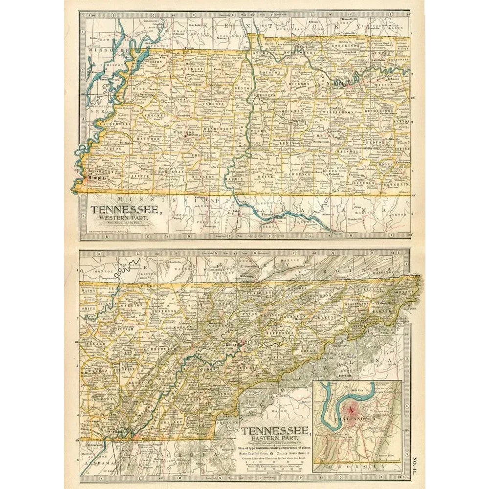1911 Antique Tennessee State Map | Chairish