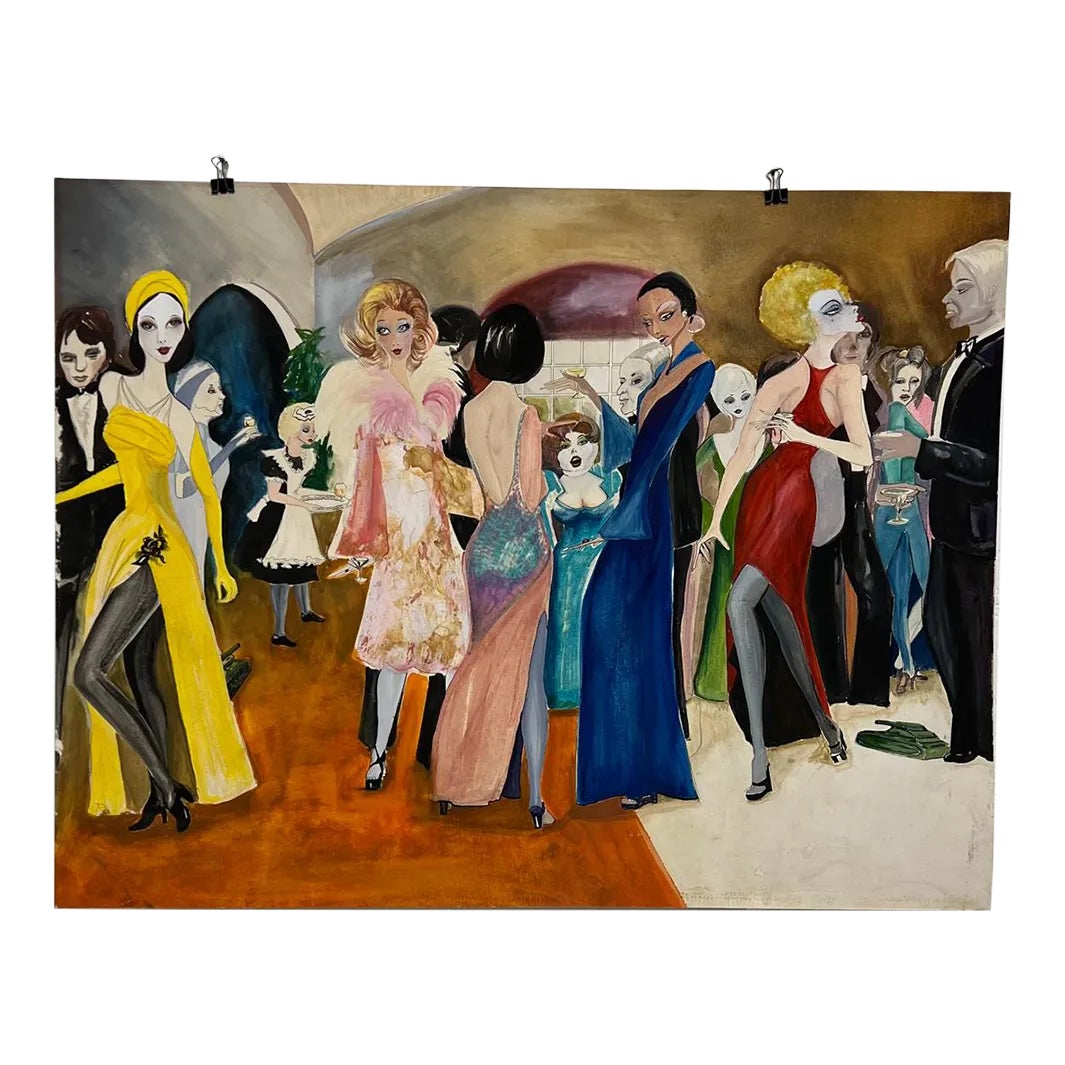 1960s Vintage Expressionist Figurative Party Scene Watercolor Painting ...