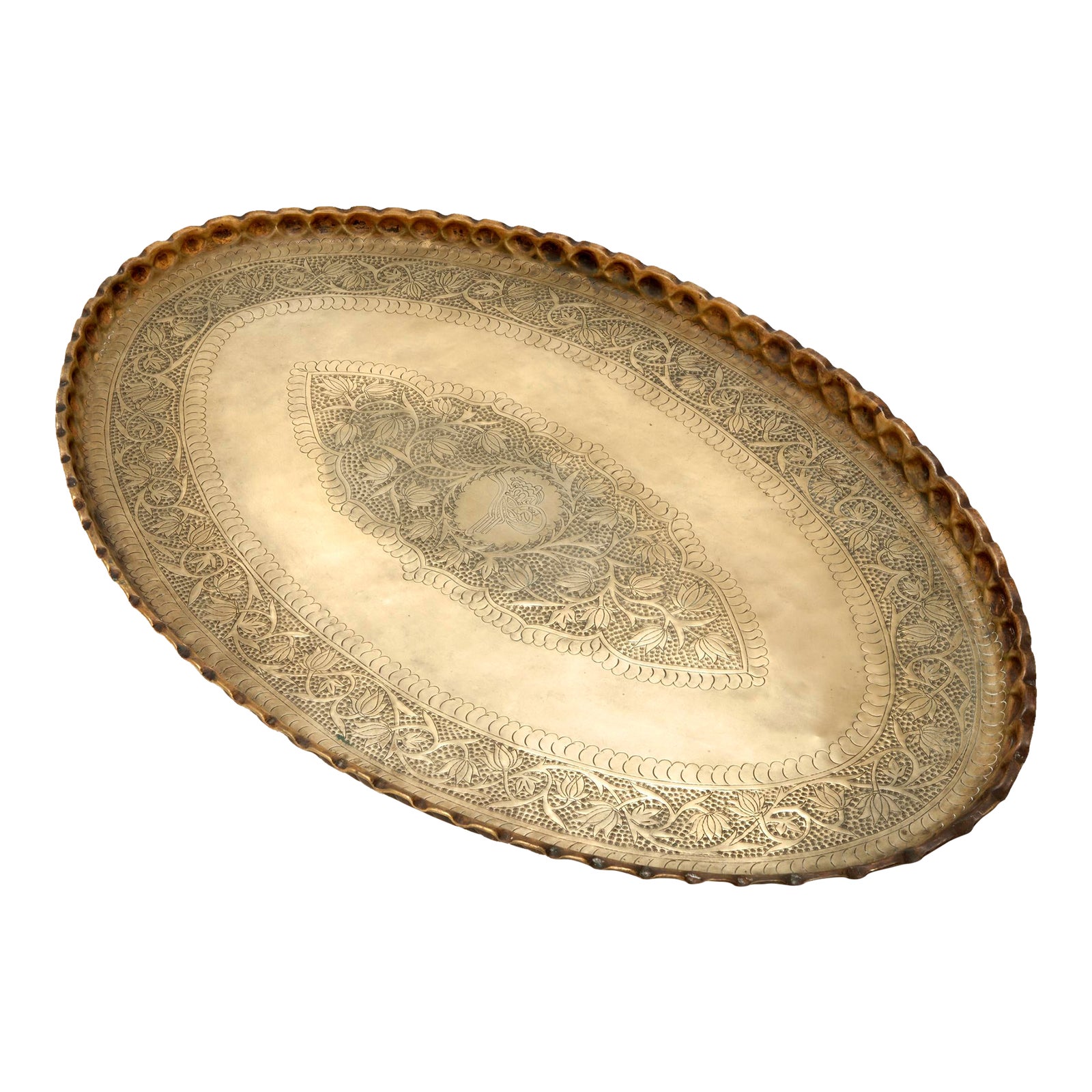 Antique Large Oval Etched Bronze Tray Floral Motif | Chairish