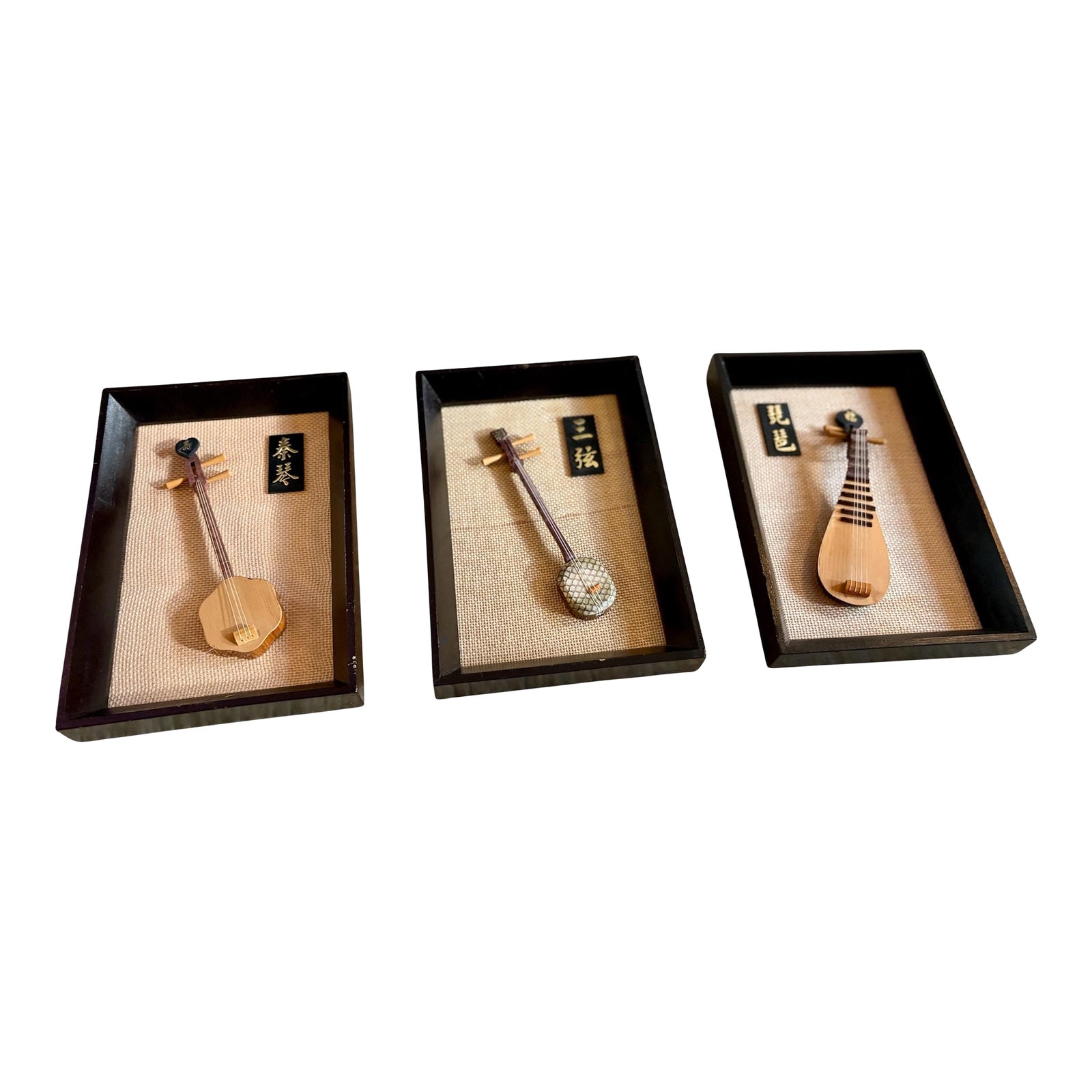 Vintage Chinese Miniature Musical Instruments Framed Pictures Set of 3 ...