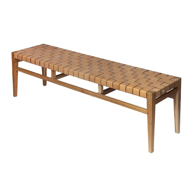 Vintage Leather Weave Bench in Natural Leather | Chairish