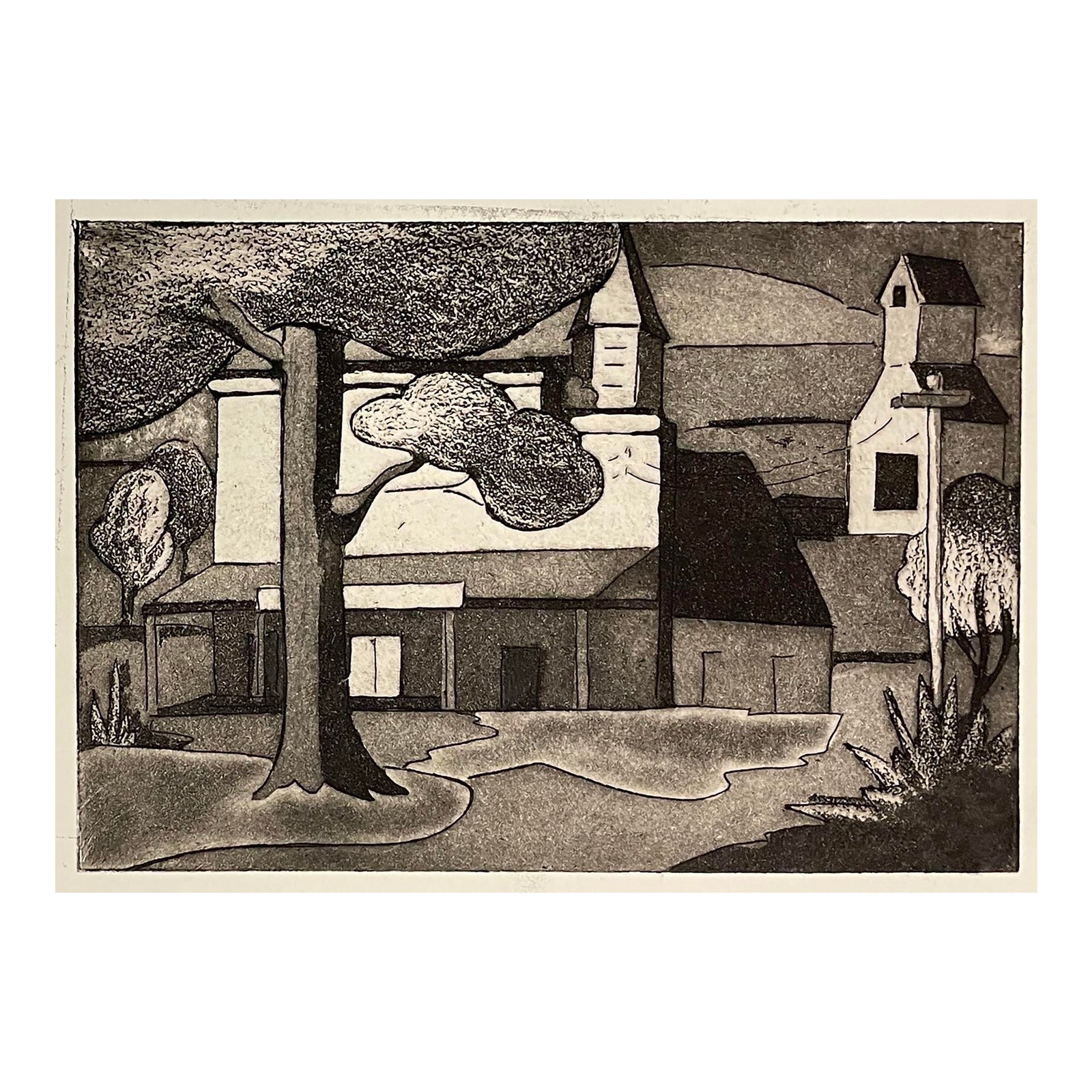 1940s Modern Cubist Village Etching | Chairish
